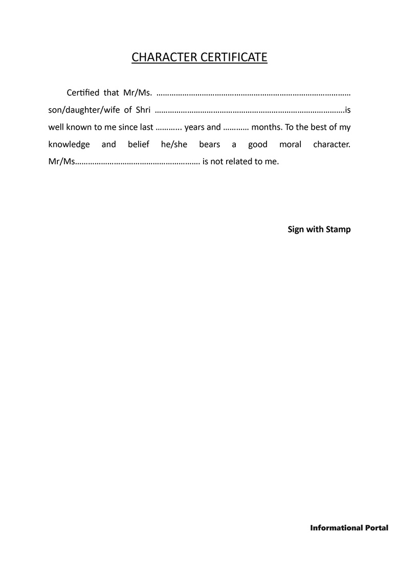 Character Certificate format - Character certificate Performa download