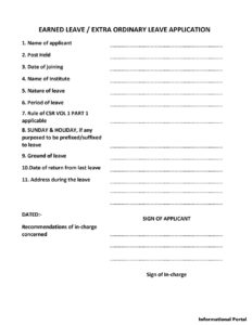 Earned Leave application format {2025}- Performa for Earned leave Apply
